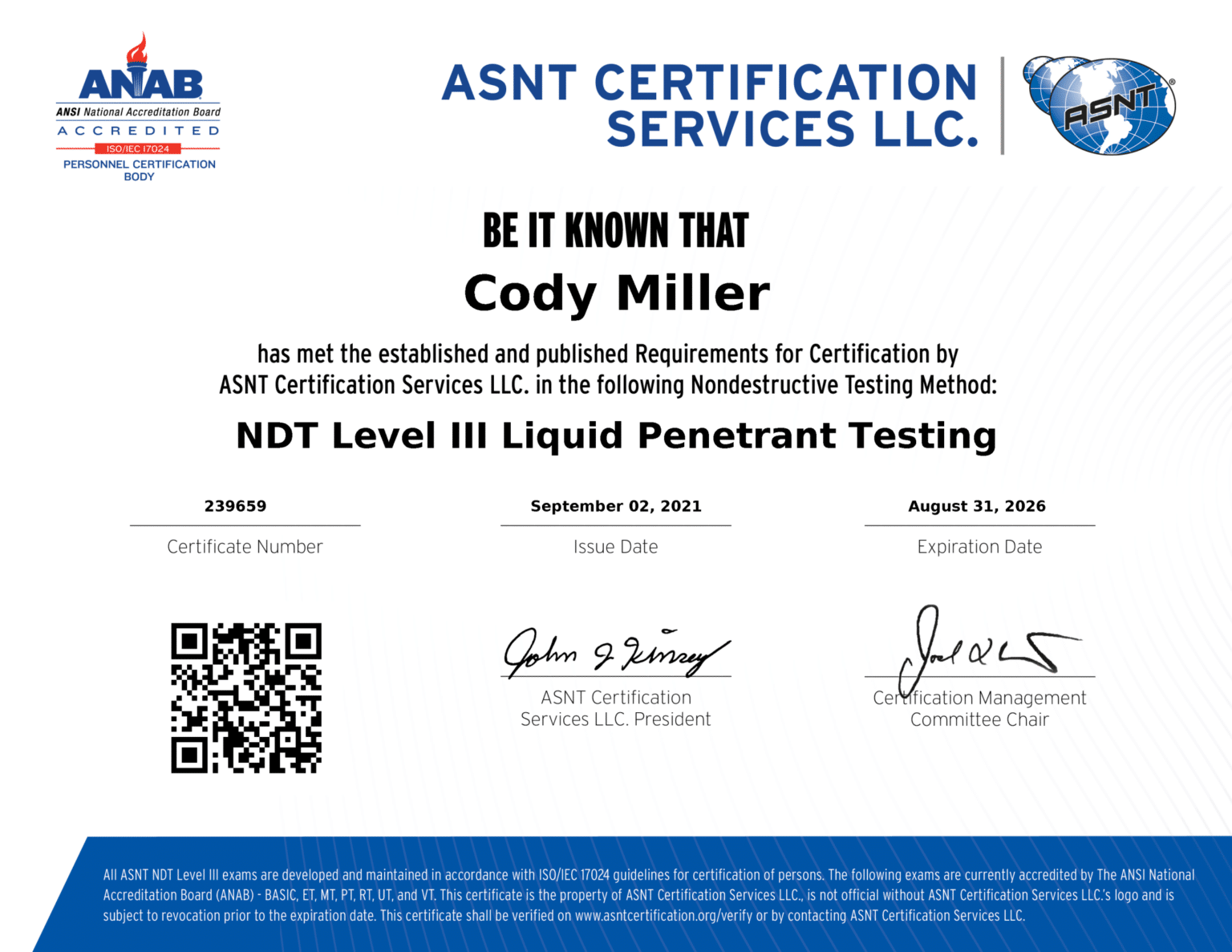 NDT Certificates - Industrial Inspection Company